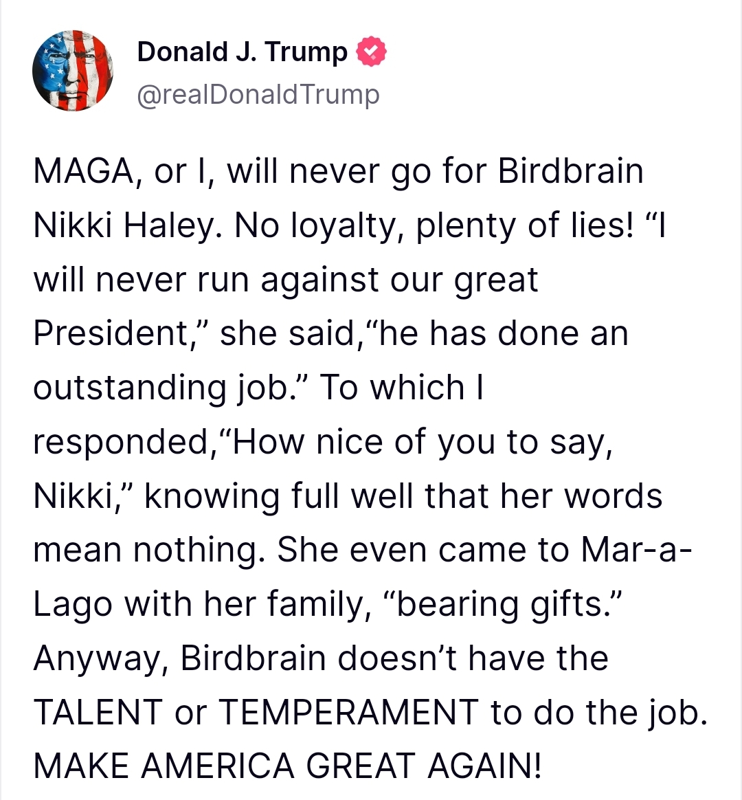 SO PRESIDENTIAL: Trump Nicknames Haley “Birdbrain,” Sends Her Bird Cage ...